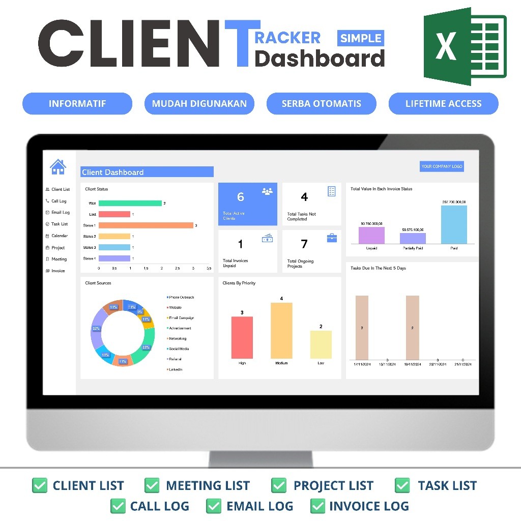 Jual Excel Client Tracker | CRM Dashboard, Business Tracker, Business ...