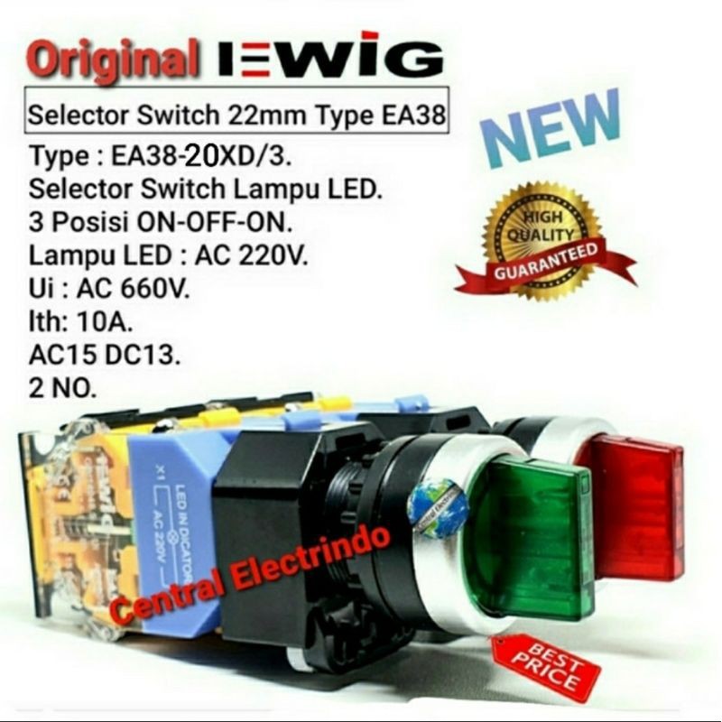 Jual Selector Switch Lampu LED EWIG 22mm EA38-20XD/3 3Posisi ON-OFF-ON ...