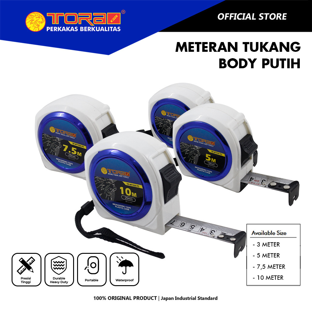 Jual TORA Meteran 3 - 10 Meter Body Putih - Meteran Tukang - Pocket ...