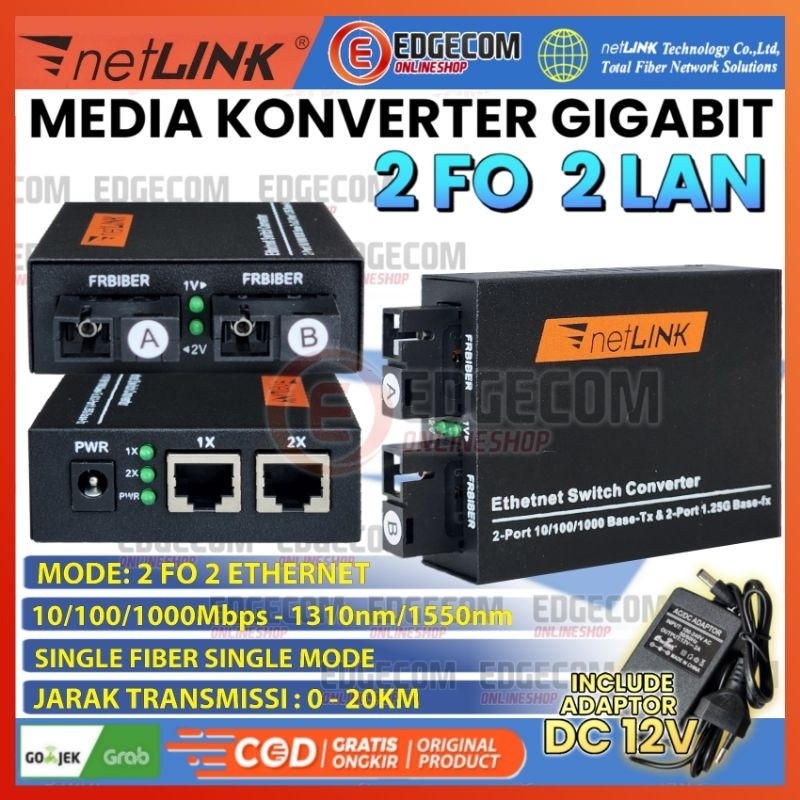 Jual Media Konverter Gigabit 2 FO 2 LAN 10/100/1000M Fiber Optic FO SC Converter RJ45 Switch ...