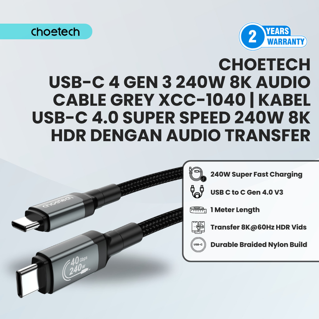 Jual CHOETECH USB-C 4 Gen 3 240W 8K Audio Cable Grey XCC-1040 | Kabel ...
