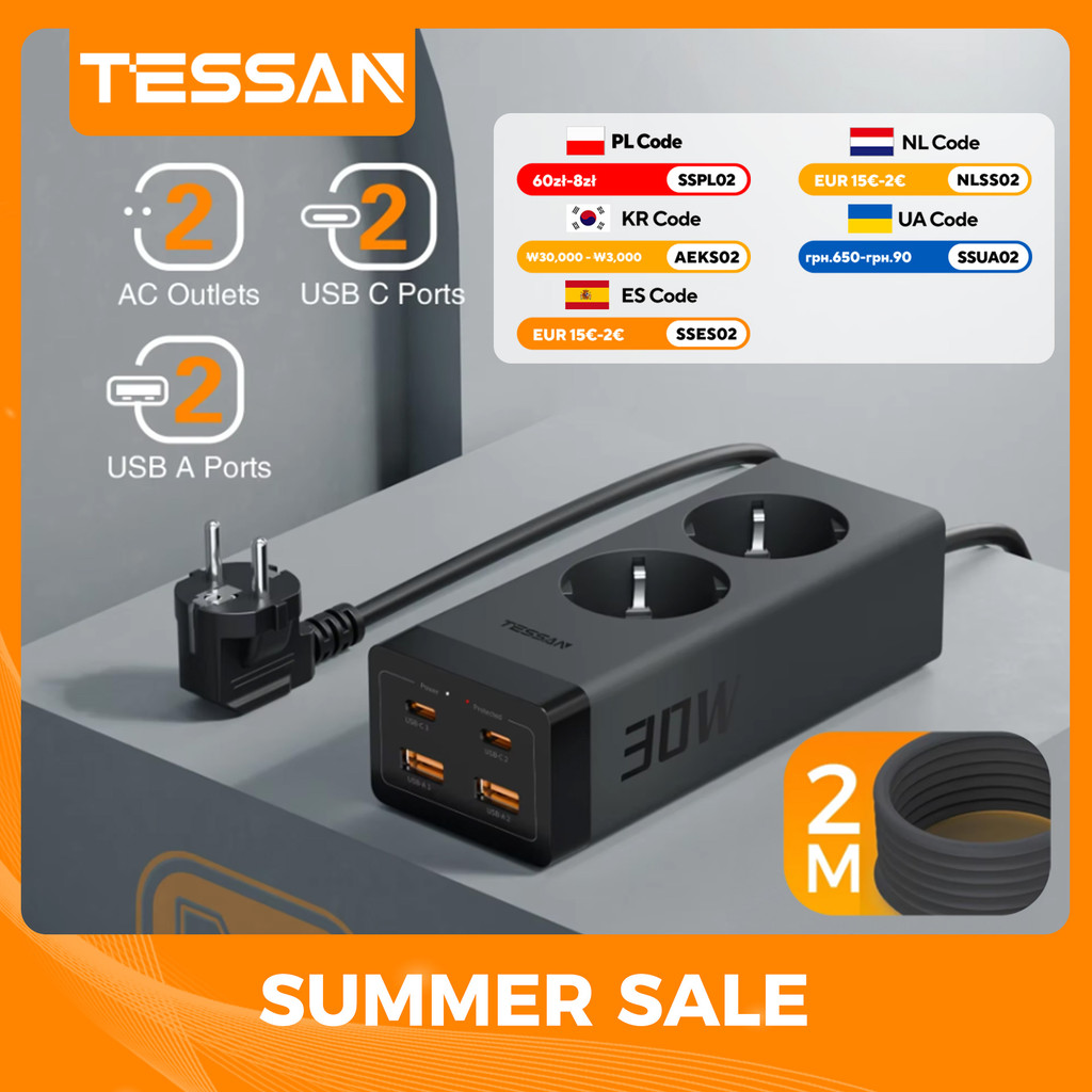 Jual TESSAN 30W GaN Multiple Socket Power Strip with 2 Outlets 2 USB 2 ...