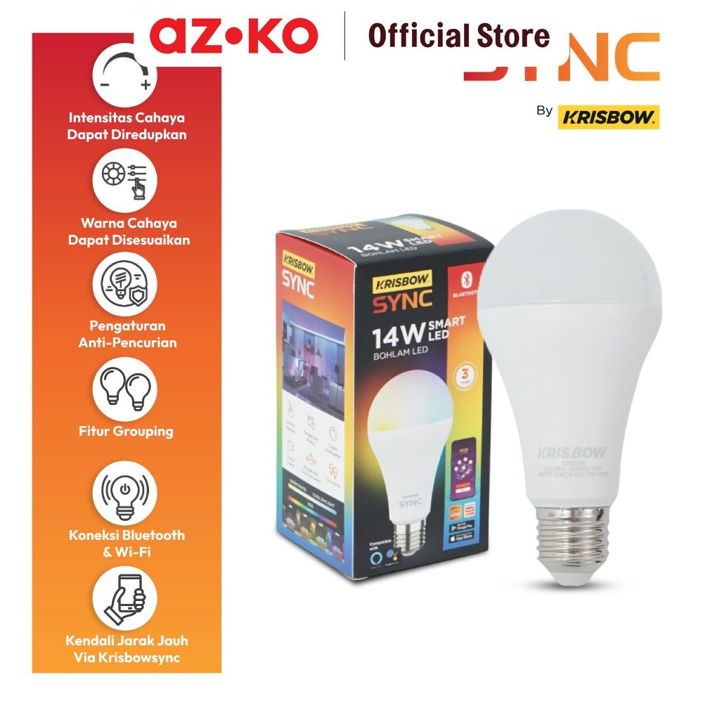 Jual AZKO Krisbow Sync Smart Bohlam Led Bluetooth Rgbcw Bulb Lampu ...