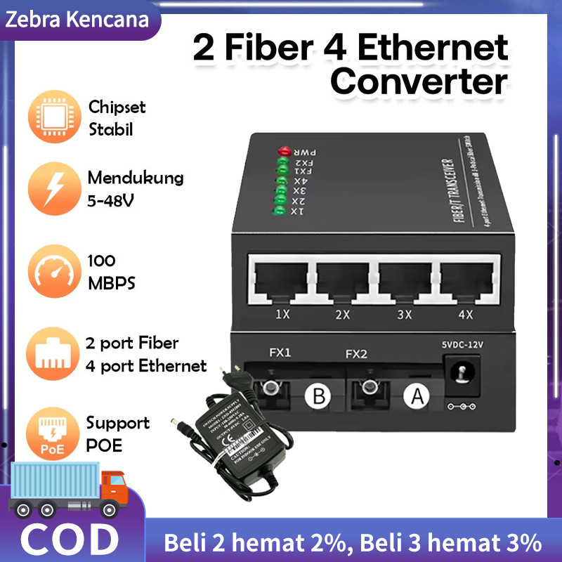 Jual 【Support POE】100Mbps 2F4E Converter 4 RJ45 2 SC Ethernet Fiber ...