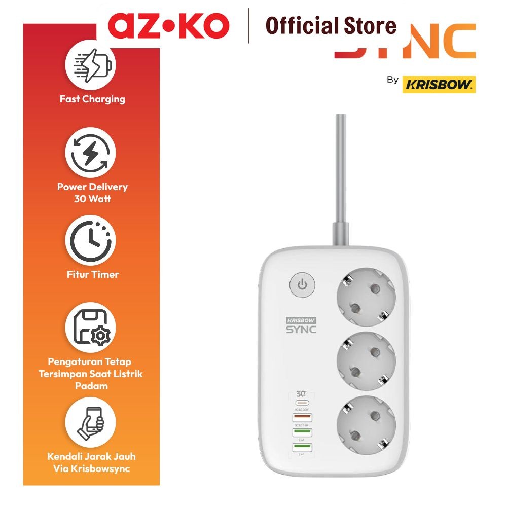 Jual AZKO Krisbow Sync Smart Stop Kontak 3 Soket Ekstensi Dengan Usb A ...