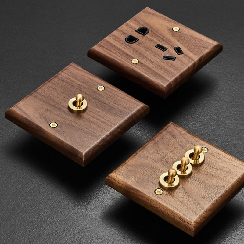 Jual Black walnut wood retro British light switch socket, bedside wall ...