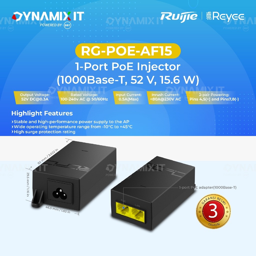 Jual Ruijie RG-POE-AF15 1-Port PoE Adapter (1000Base-T 52 V 15.6 W ...