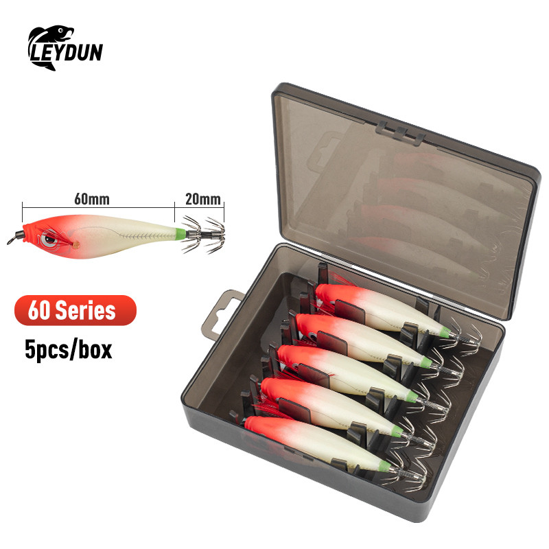 Jual LEYDUN Luminous Horizontal Squid Jig Wood Shrimp Squid Hook 5pcs Fishing Lures LEYDUN ...