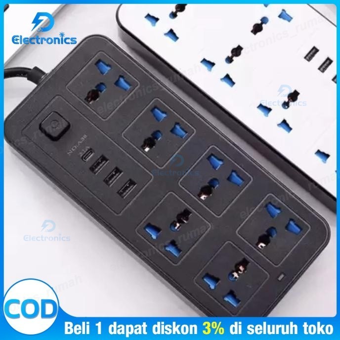 Jual Universal Power Strip Stop Kontak 6 Power Socket 3 USB Port + C Fast Charging - Kabel 2 ...