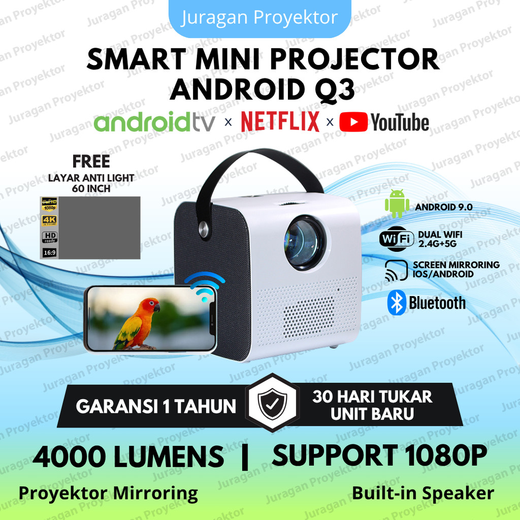 Jual Smart Proyektor Android Wifi Q3 4000 Lumens | Proyektor Android 4K ...