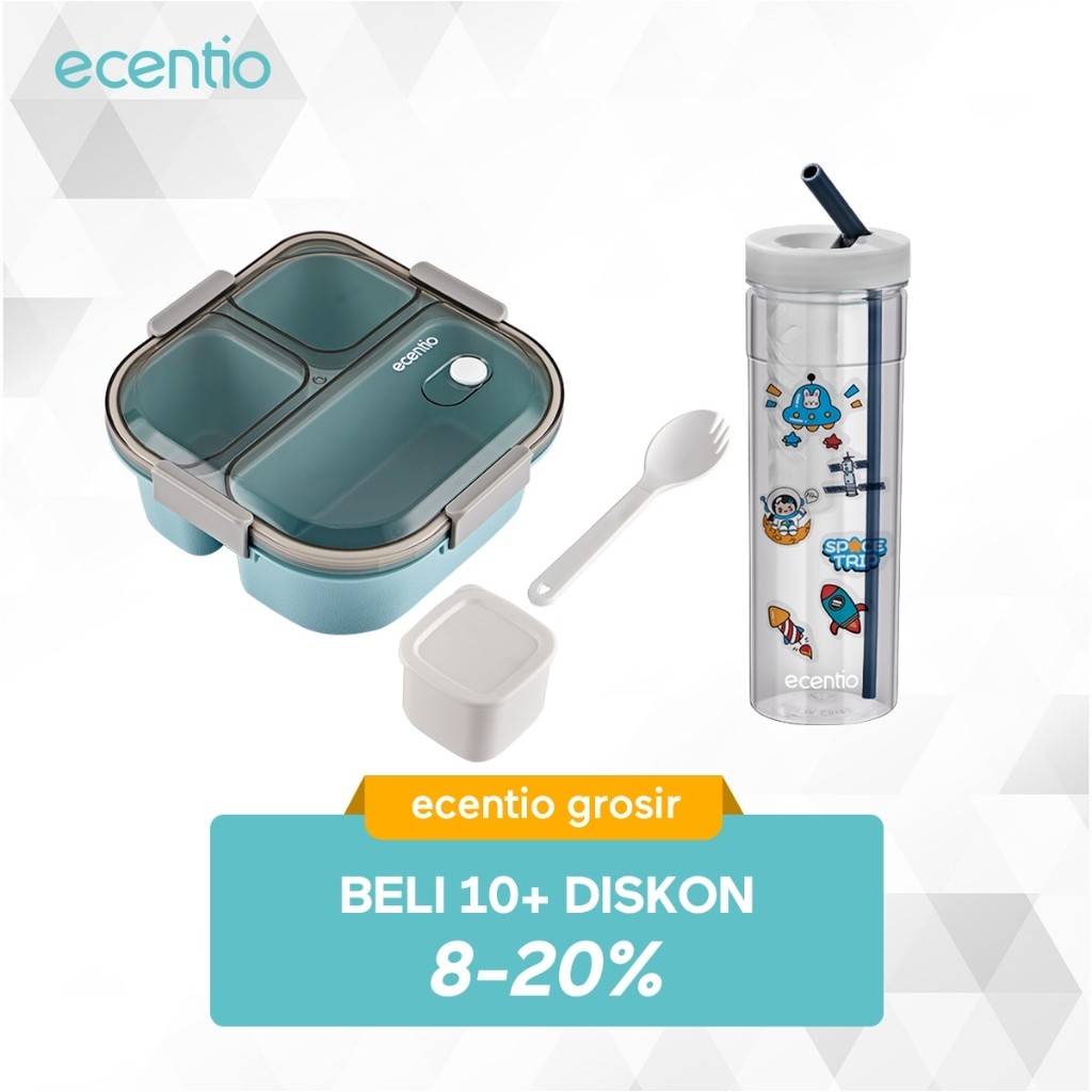 Jual [grosir] [GRATIS BOTOL] ecentio lunch box anti tumpah 3 sekat 1100ml+100ml dengan kotak sup ...
