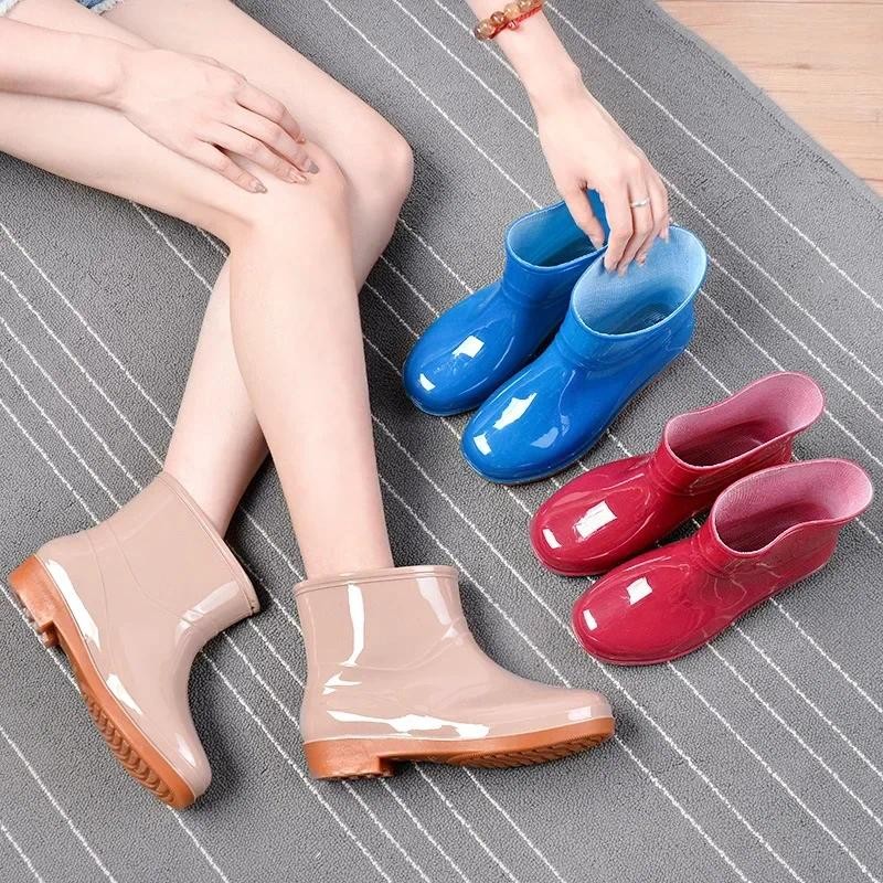 Jual Women's short rain boots cover feet waterproof shoes kiten non-slip home garden shoes beef ...
