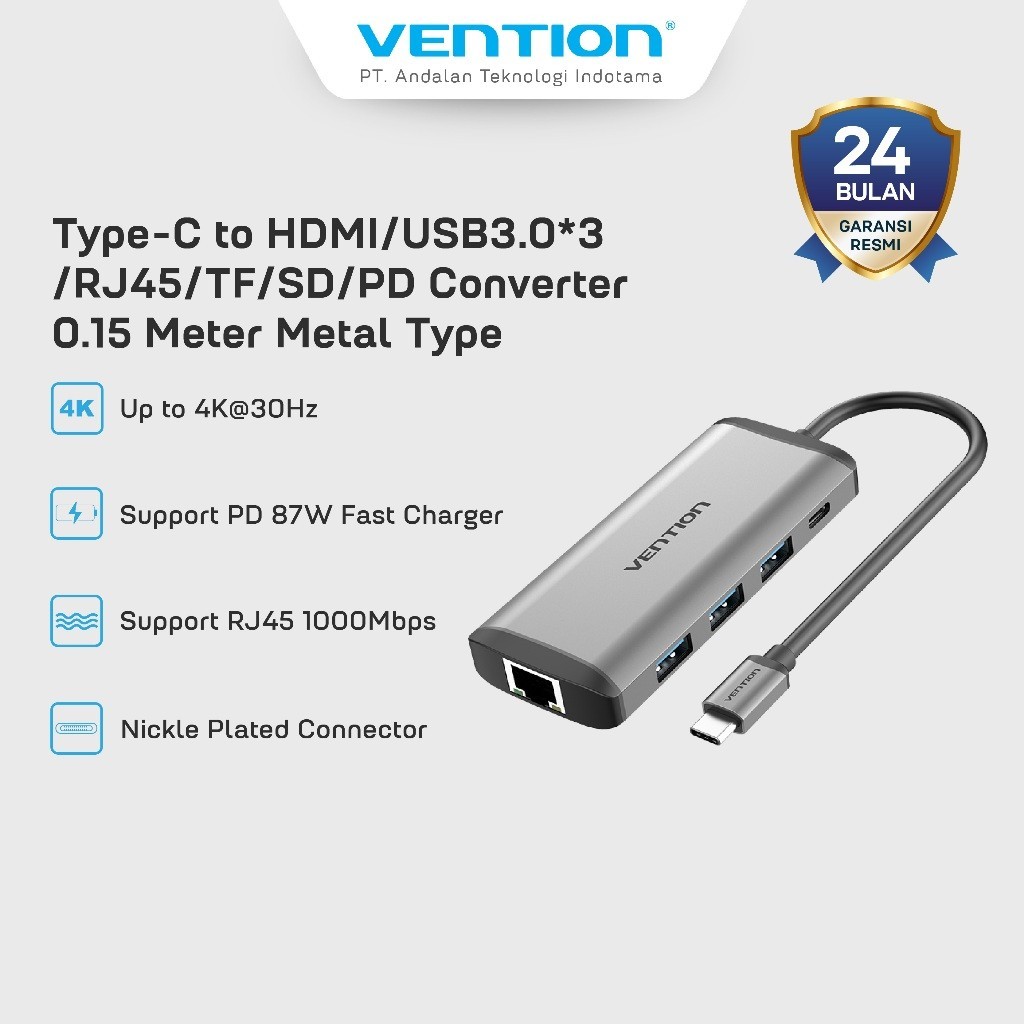 Jual Vention USB Hub Type C To HDMI 3.0 RJ45/TF/SD/PD Multiport ...