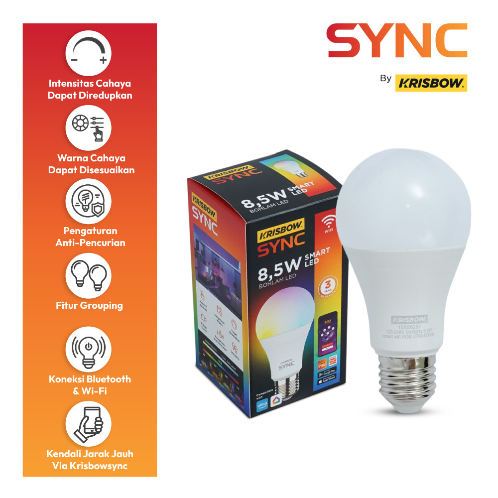 Jual Krisbow Sync Smart Bohlam Led Wifi Rgbcw Lampu Rumah Kamar Teras Dimmer Koneksi Via Hp Daya ...