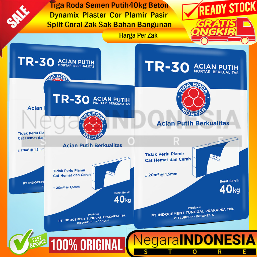 Jual Tiga Roda Semen Putih Mortar TR 30 Cemen White Bahan Bangunan 1 ...
