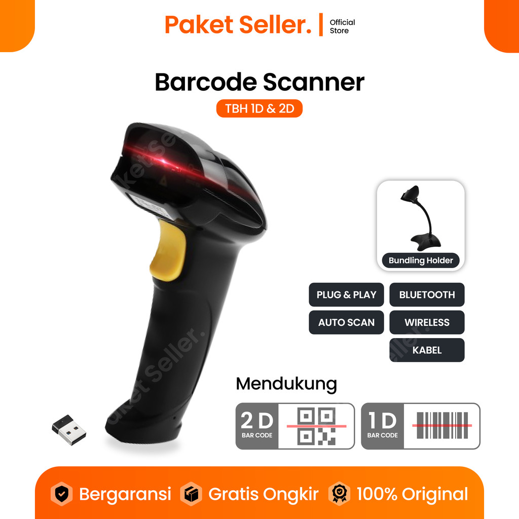 Jual Scanner Barcode 2D 1D Bluetooth Wireless USB Auto Scan Support ...