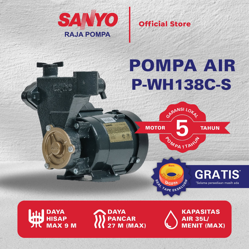 Jual SANYO Pompa Air Sumur Dangkal Non Automatis PH 138CS - Garansi 5 ...