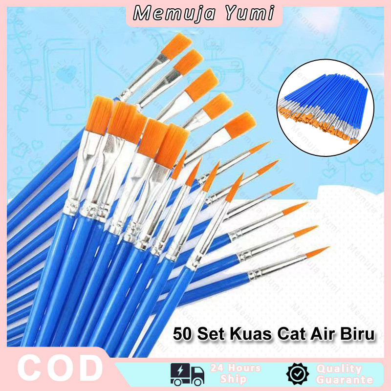 Jual 50 Pcs Set Kuas Runcing Ujung Datar Cat Air Biru / Kuas Akrilik ...