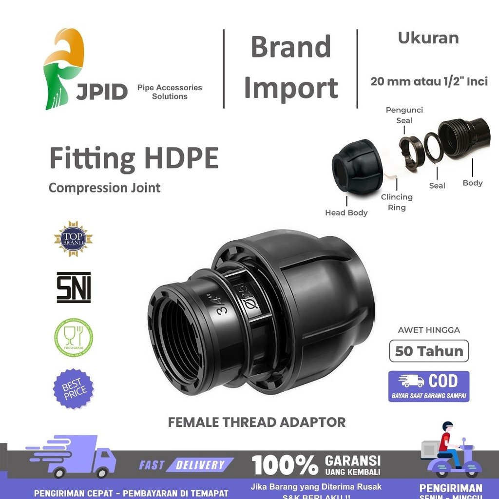 Jual Female Adaptor HDPE 20mm x 1/2 Inch | SDD Compression Joint ...