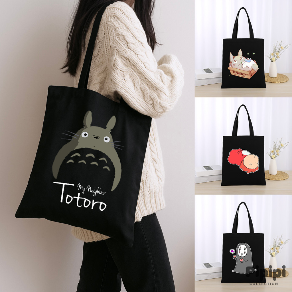 Jual PIPIPI Tas Tote Bag Hitam 100% Kanvas Resleting Ghibli Totoro ...