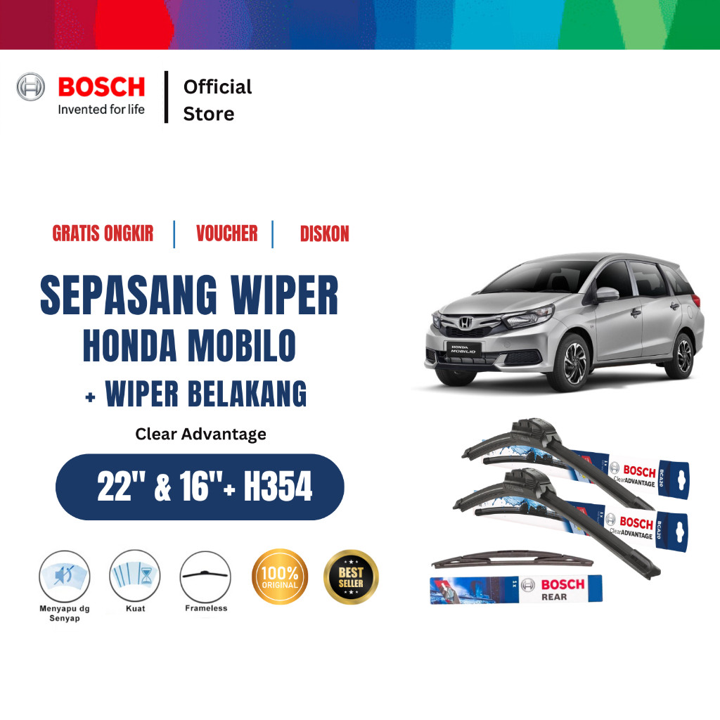 Jual Bosch Wiper Depan dan Belakang Mobil Honda Mobilio Frameless Clear Advantage 22 - 16 Inci ...
