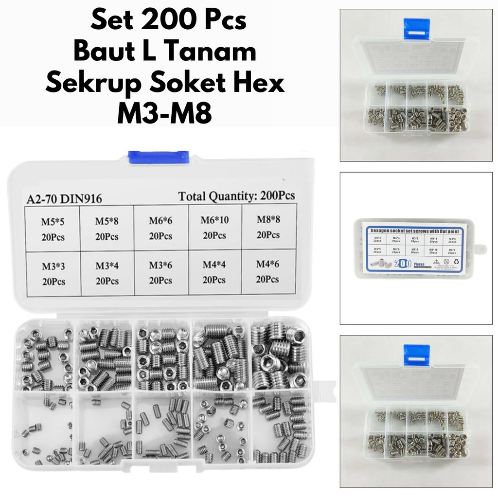Jual PLGI Set Baut L Tanam Sekrup Soket Hex M3-M8 Headless 200 PCS ...