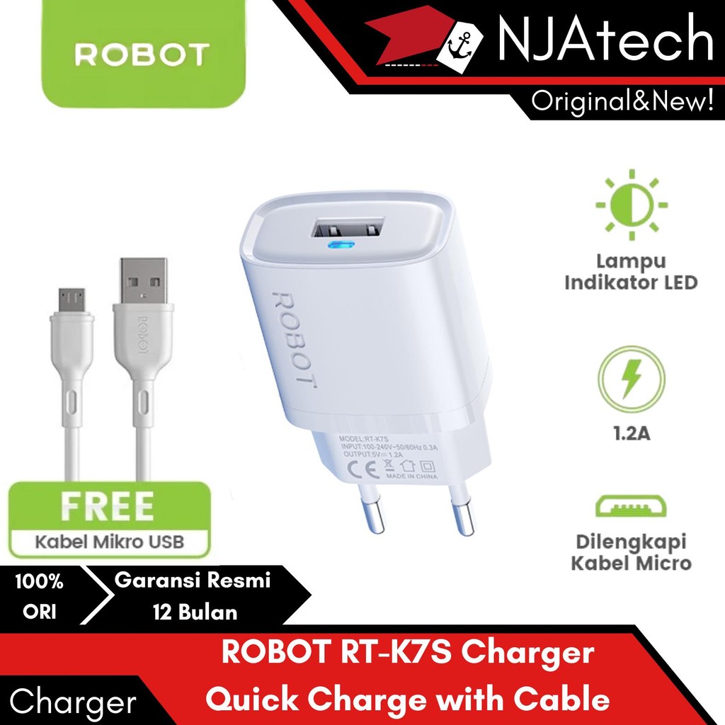 Jual ROBOT RT-K7S Charger 5V/1.2A Free Kabel Micro Safe Charging | Shopee Indonesia