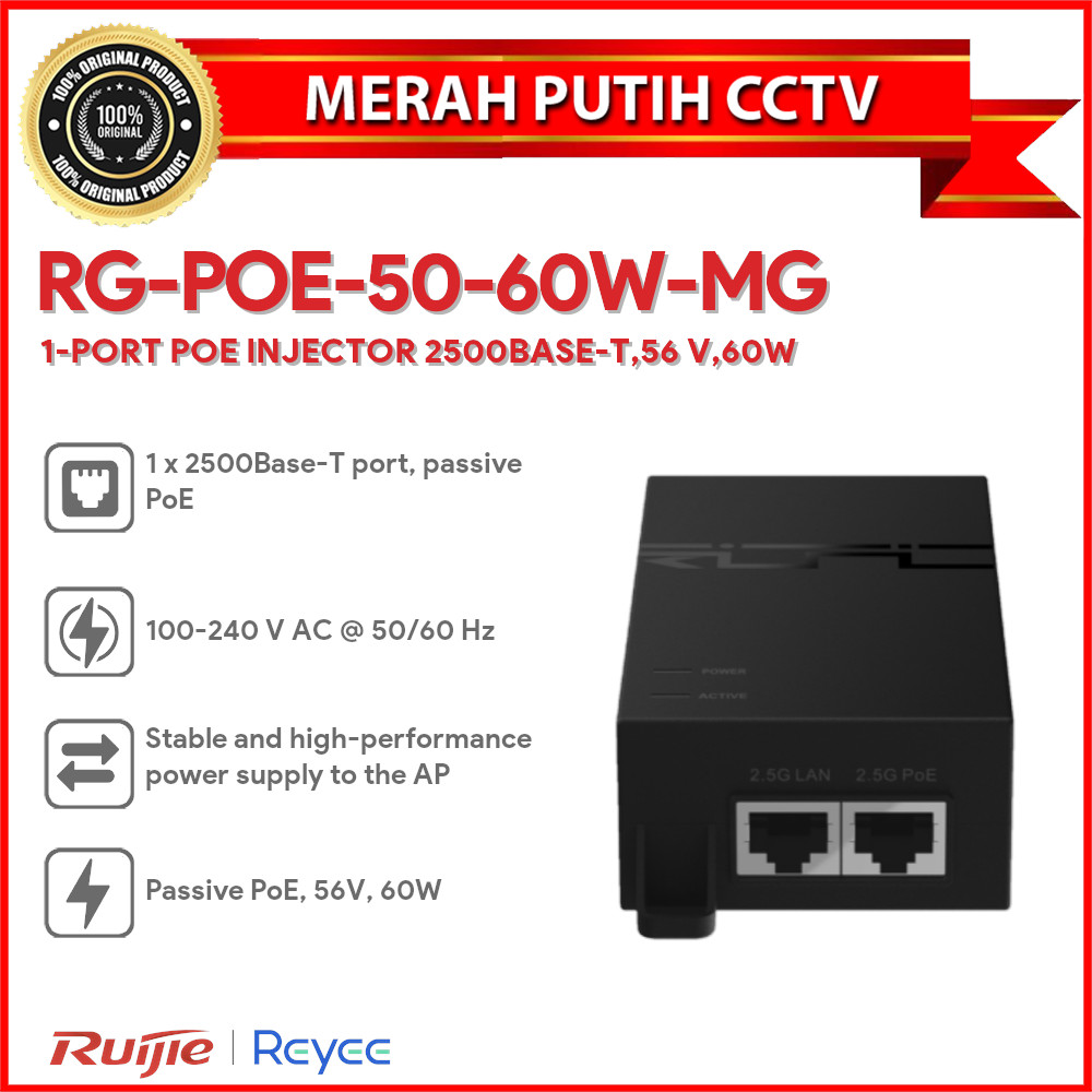 Jual RUIJIE REYEE RG-POE-50-60W-MG 1-PORT POE INJECTOR 2500BASE-T,56 V ...