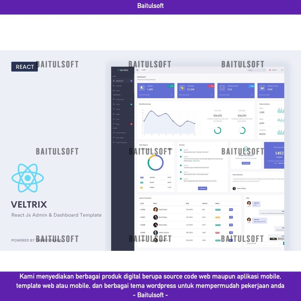 Jual WEB TEMPLATE VELTRIX - REACT JS ADMIN & DASHBOARD TEMPLATE D2177 BAITULSOFT | Shopee Indonesia