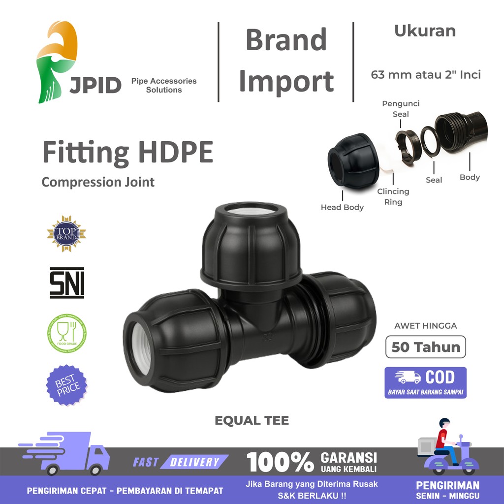 Jual Equal Tee HDPE 63mm atau 2 Inch | Tee Compression Joint | Sambungan Tee Bahan PP | Shopee ...