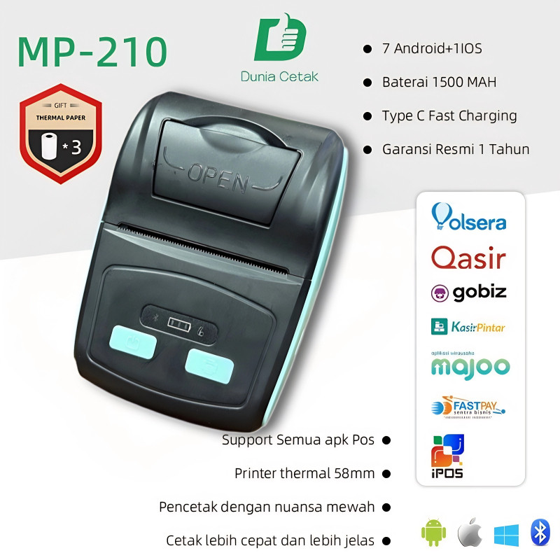 Jual PRINfree*3 rol kertasTER BLUETOOTH MINI PORTABLE PRINTER THERMAL 58MM CETAK RESI NOTA STRUK ...