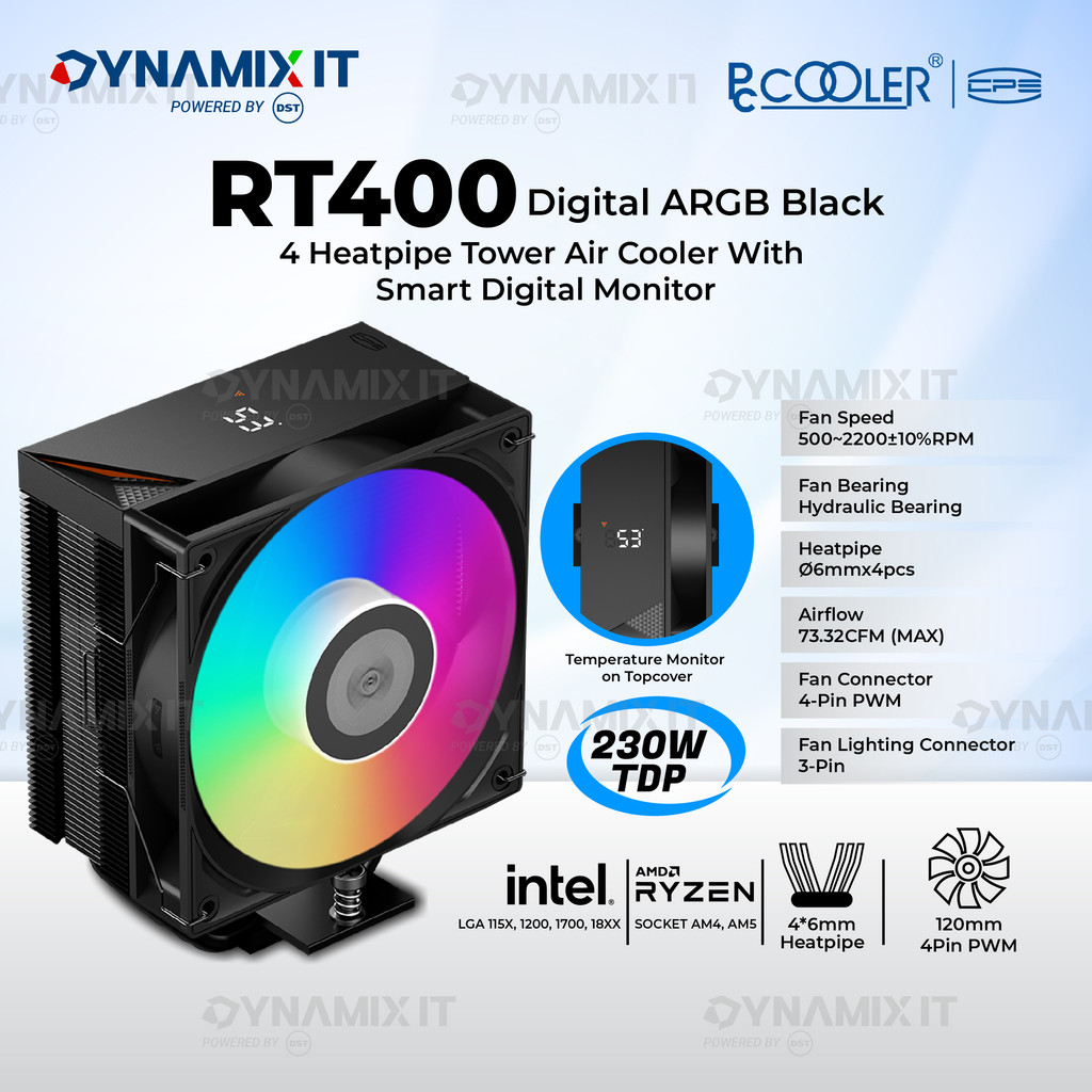 Jual PCCooler RT400 Digital ARGB Black 4 Heatpipe Tower CPU Air Cooler ...