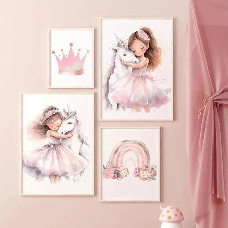 Jual Pink Princess Rainbow Unicorn Castle Crown Mural Canvas Painting Posters and Printed Images ...