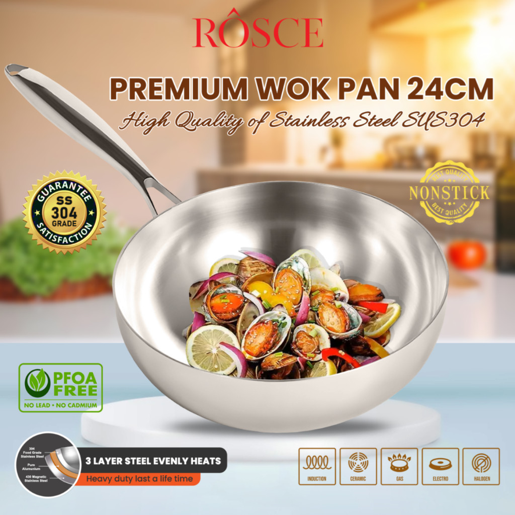 Jual APROVE PANCI WOK SUS304 Wajan wokpan rosce 24cm kuali skillet all ...