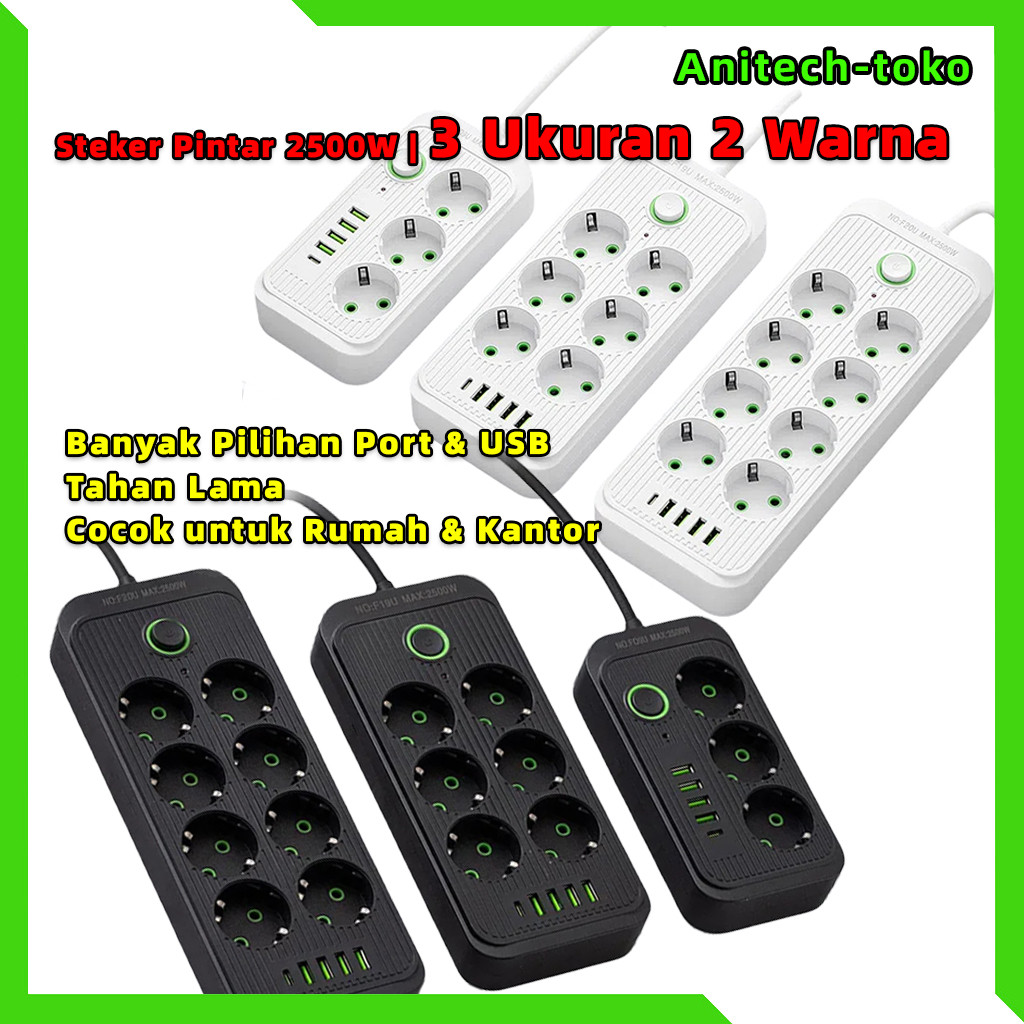 Jual [anitech toko]PowerPort 2500W Power Strip Power Socket Charger Stop Kontak Usb Charger ...