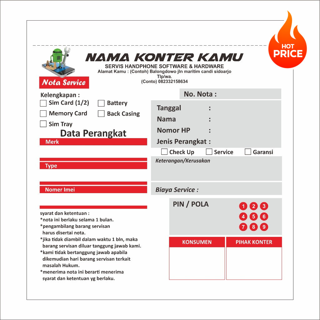 Jual Nota servis hp Custom Nama konter sendiri ukuran 1/6 polio 10 x 11 ...