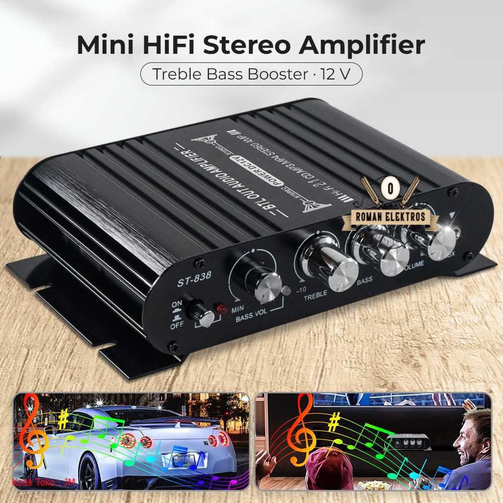 Jual Mini HiFi Stereo Amplifier Treble Bass Booster 12V - ST-838 ...