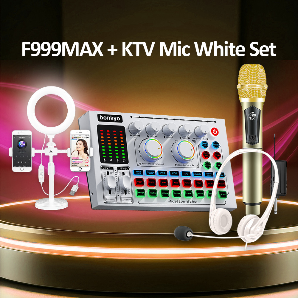 Jual Bonkyo F999MAX Soundcard + Wireless Microphone+Headset+light sound ...