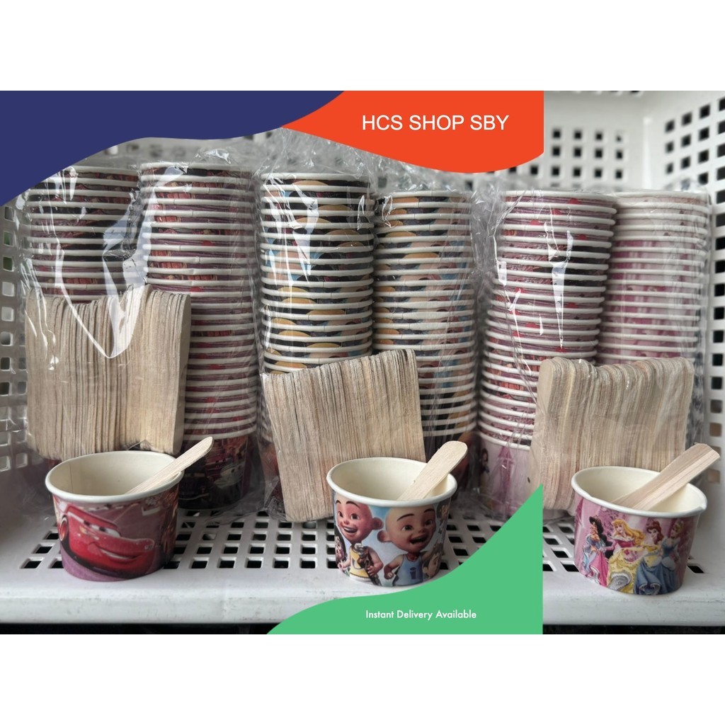 Jual PPS - Gelas Kertas Paper Cup Ice Cream 2,5oz (60Ml) Motif + Sendok ...