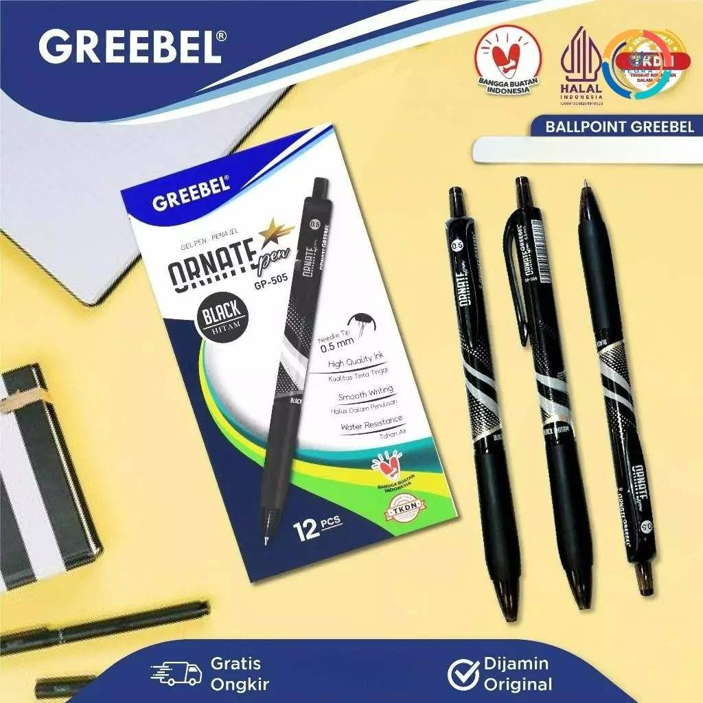 Jual Greebel Gel Pen / Pulpen / Pena Gel ORNATE GP-505 0.5mm HITAM @1Pc ...