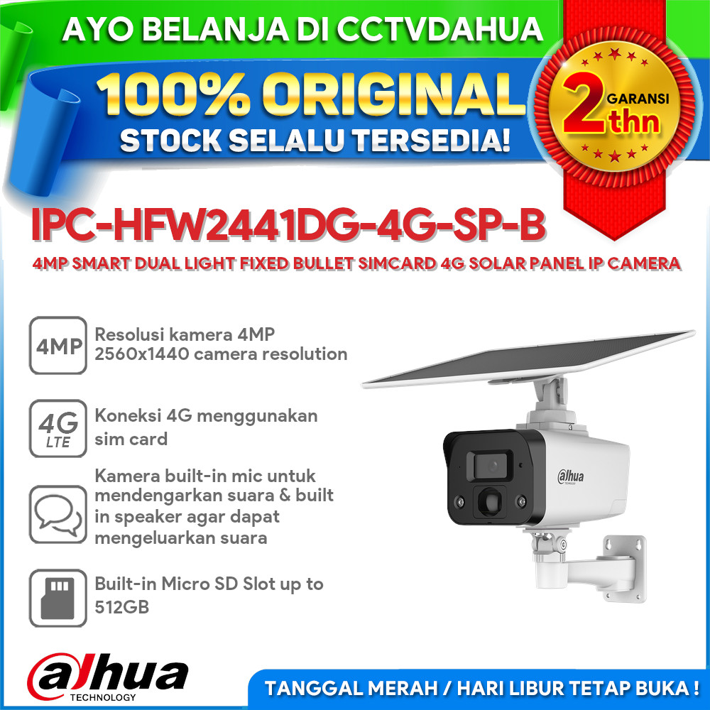 Jual DAHUA IPC-HFW2441DG-4G-SP-B 4MP SMART DUAL LIGHT FIXED BULLET SIMCARD 4G SOLAR PANEL IP ...