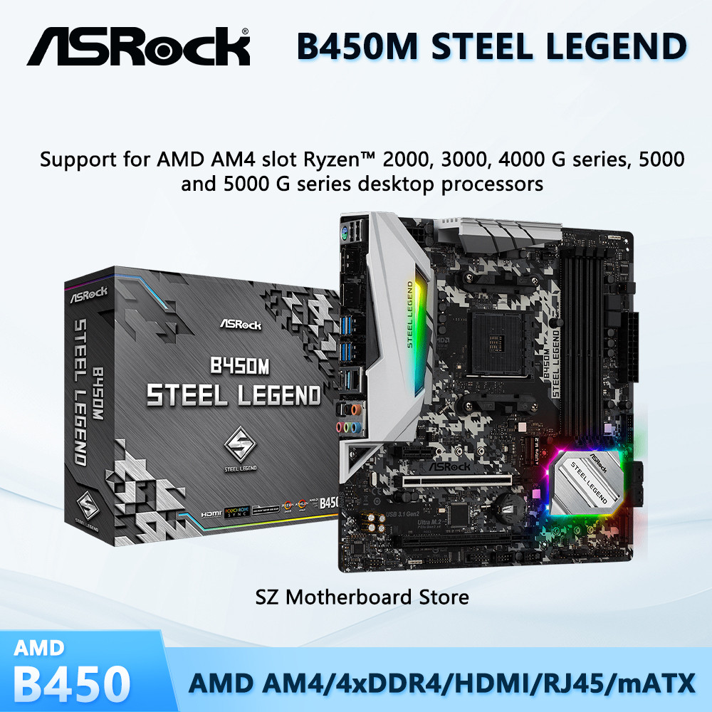Jual ASROCK B450M STEEL LEGEND BOX AMD B450 Motherboard M-ATX Support CPU AMD Ryzen 5/7/9 5600X ...