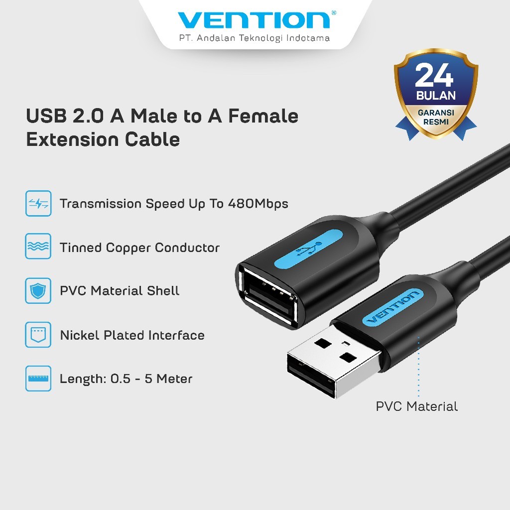 Jual Vention Kabel USB A 2.0 Extension Cable 5Gbps Male to Female PVC ...