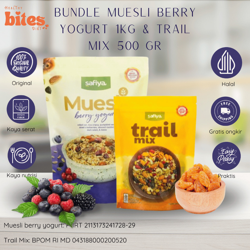 Jual Muesli Berry Yogurt 1Kg + Trail Mix 500gr Safiya 2in1 Sereal ...