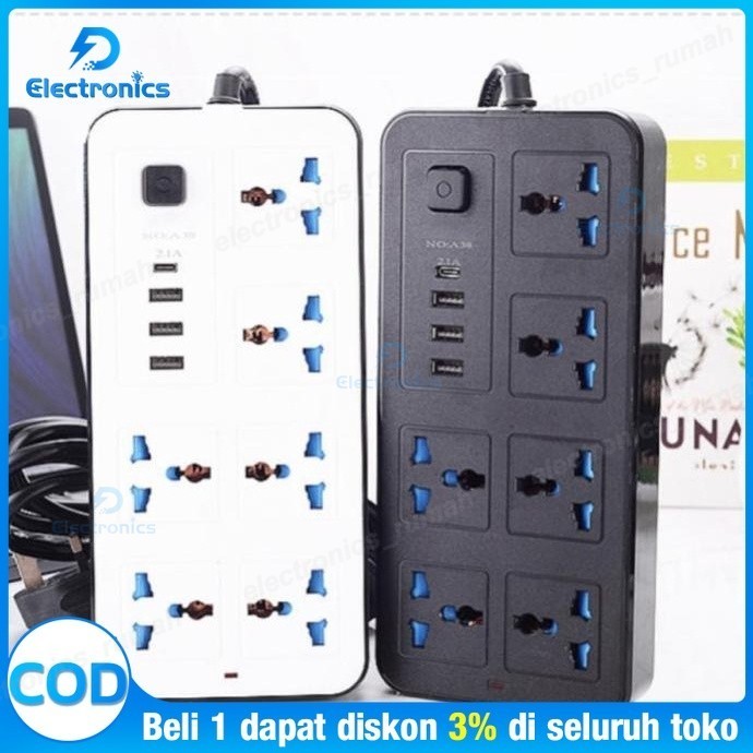 Jual Universal Power Strip Stop Kontak 6 Power Socket 3 USB Port + C Fast Charging - Kabel 2 ...