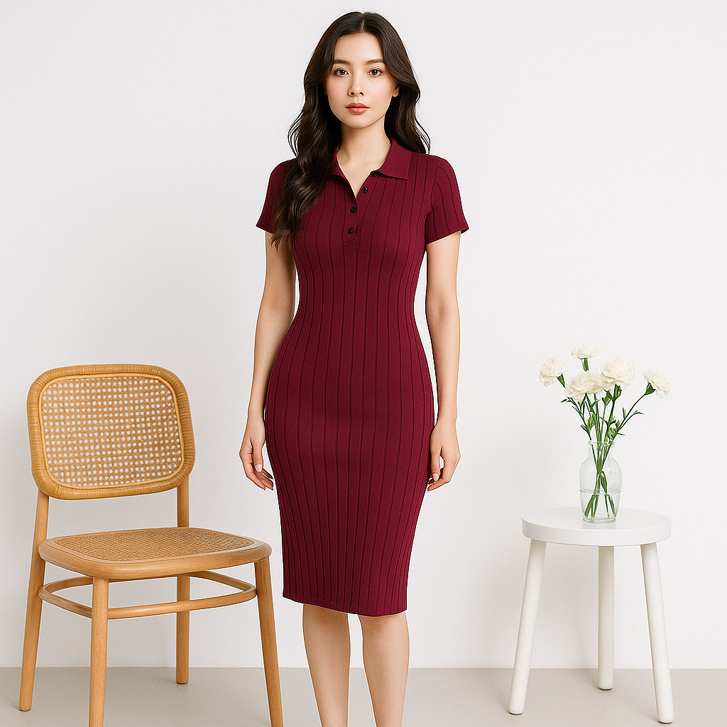 Jual Fashion Female - Dress Knit Midi Bodycon Polo Dress Casual Slim ...