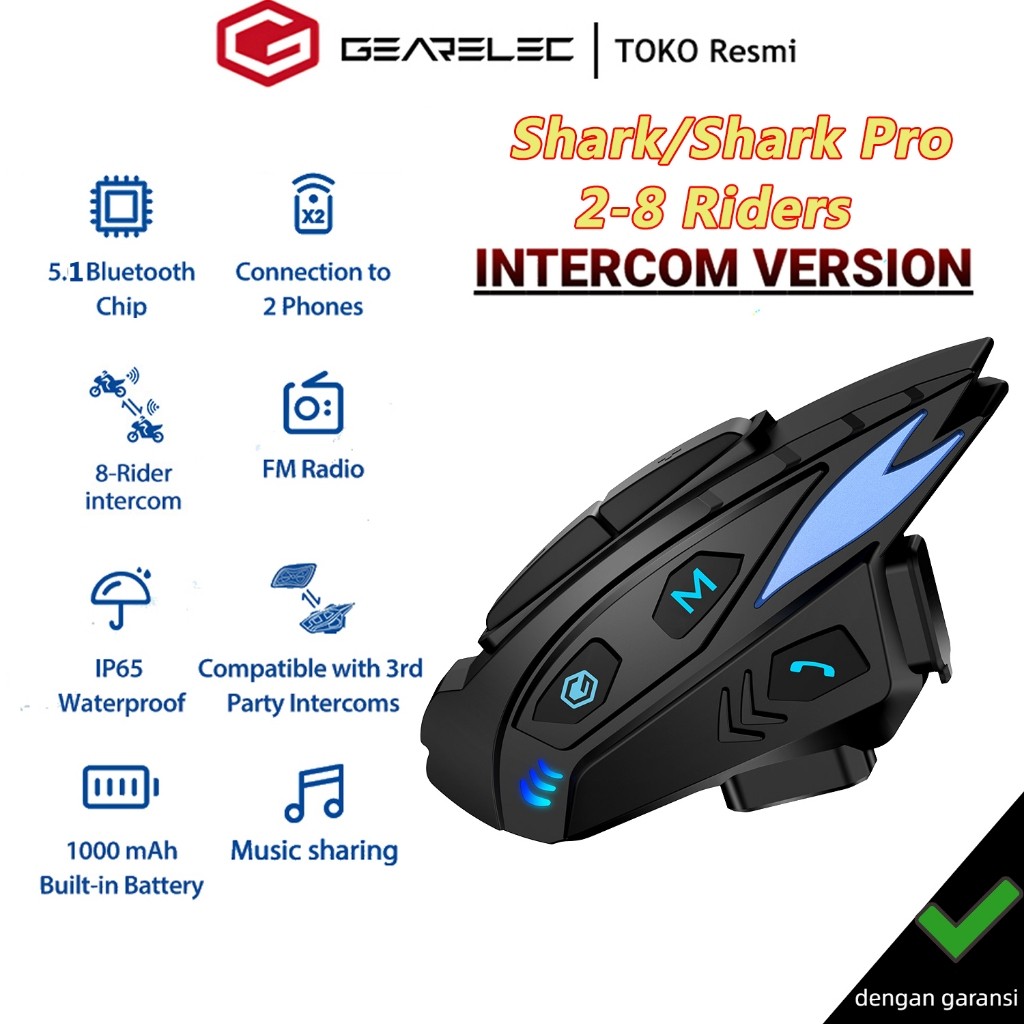 Jual GEARELEC shark pro BT5.1 Helm Bluetooth Intercom Headset 2-8 ...