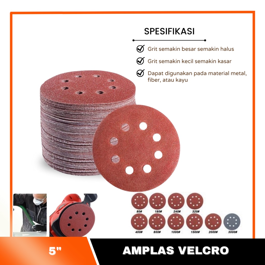 Jual Amplas Kertas Velcro Bulat 8 Lubang 5 Inch All Grit P60 80 100 120 ...