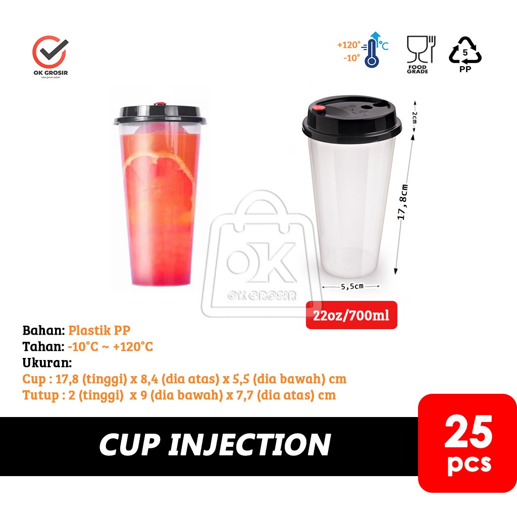 Jual Gelas Plastik Cup Injection 22oz + Tutup + Stopper (1 Pack isi ...