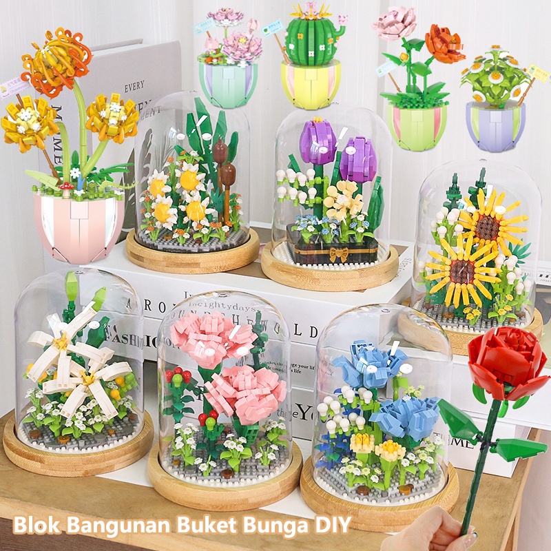 Jual Blok Bangunan Bunga Buket Pot DIY Dekorasi Rumah Model 3D Blok ...